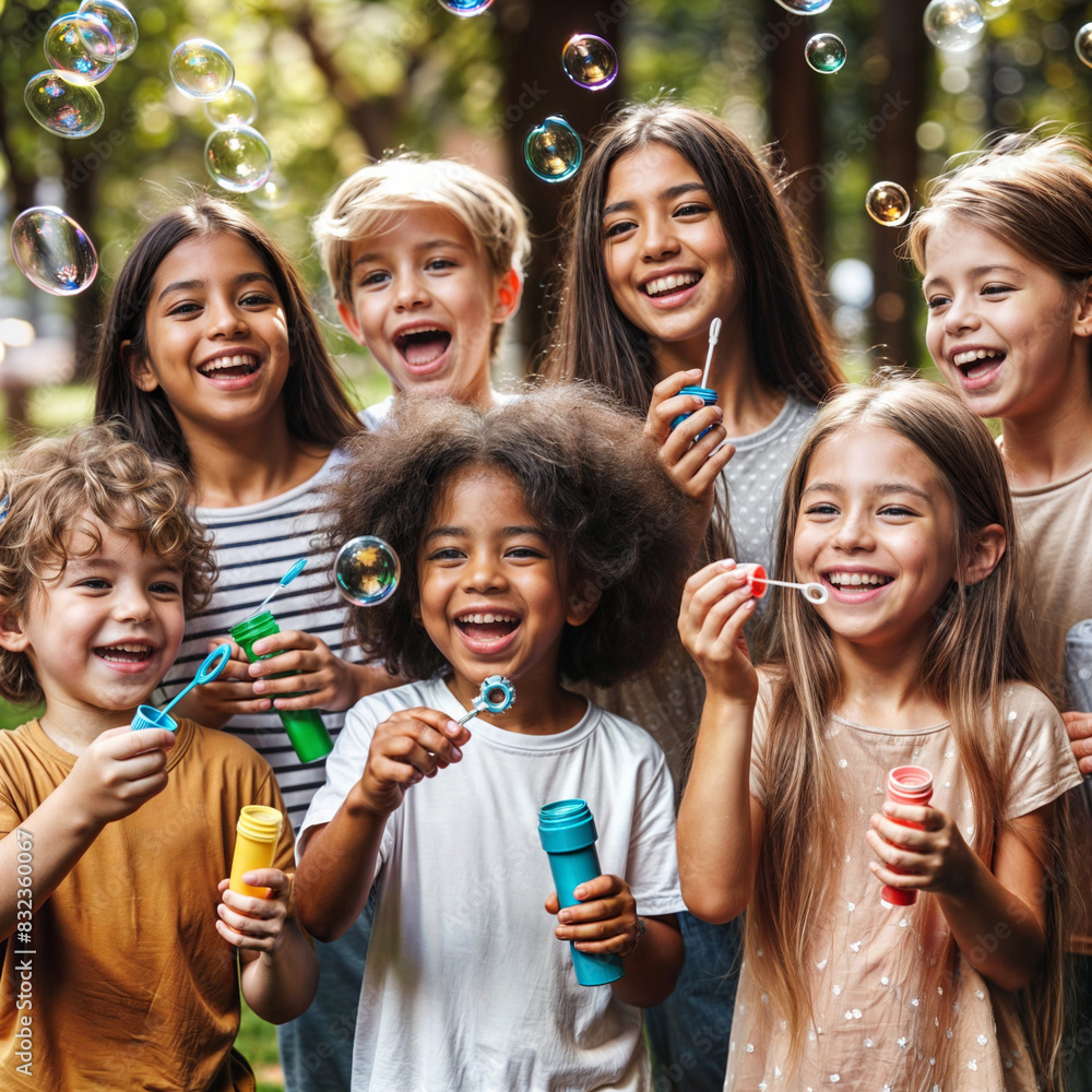 Multi-ethnic group of little friends with toothy smiles on their faces ...