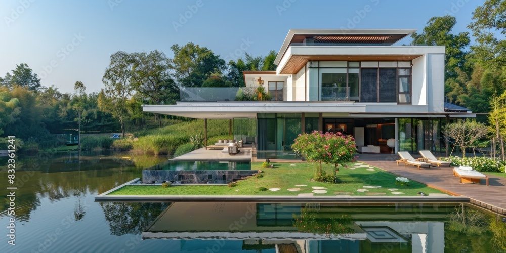 lakeside villa, modern villa, flat roof, villa reflection in the lake ...