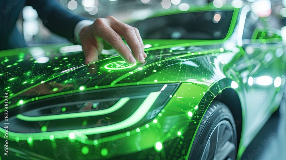 Man pushing green car button. Concept of e-mobility, clean green energy ...