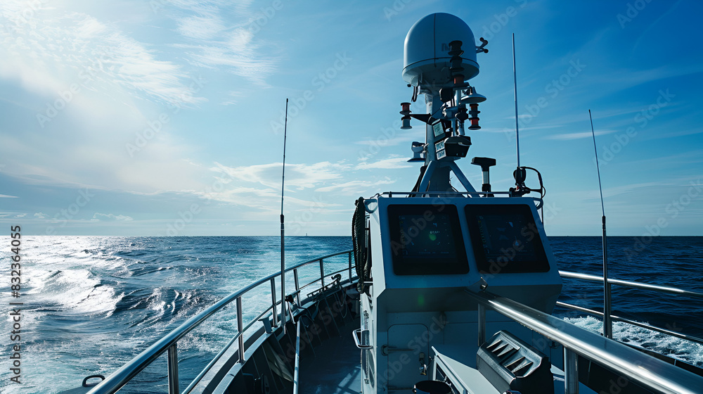 boat radar system and antennas, Close up of white high quality leisure ...