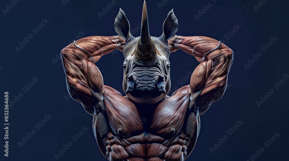 Rhino head on a muscular human body doing lateral raises isolated on a ...