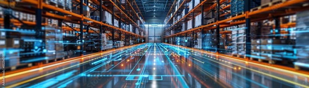 Smart warehouse operation with glowing paths and digital cargo tracking ...