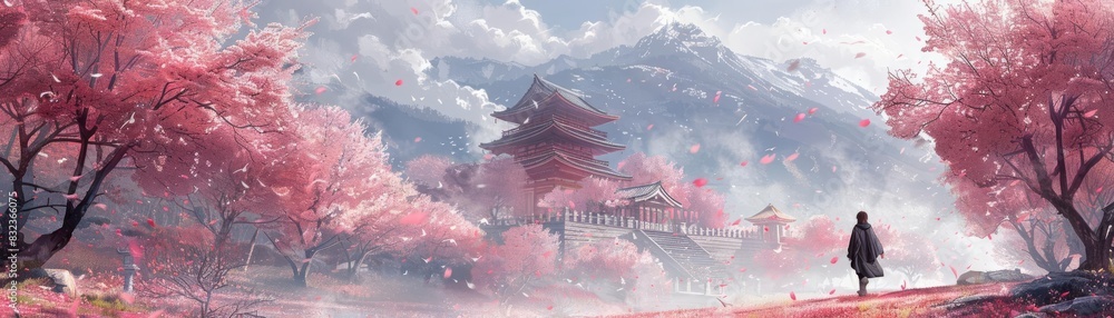 Sakura temple walk A lone wanderer in a historic landscape filled with ...