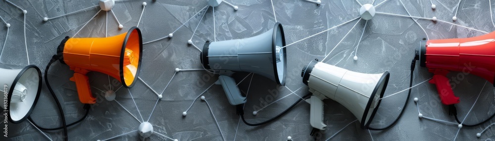 Network of interconnected megaphones on a grey background, symbolizing ...