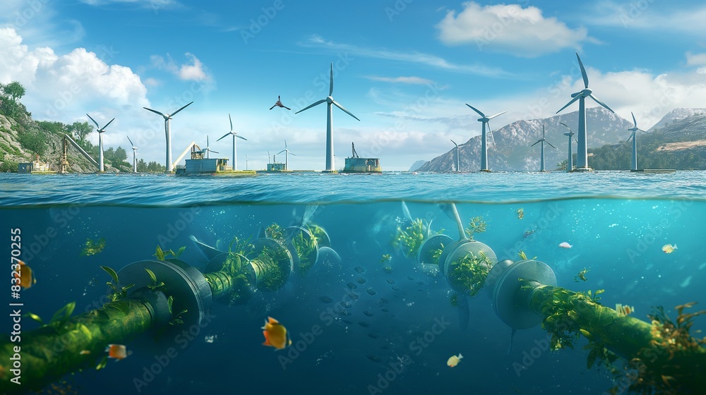An illustration of a tidal energy converter in action, with turbines ...