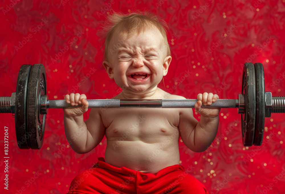 A powerful caucasian baby's face is scrunched up in a determined ...