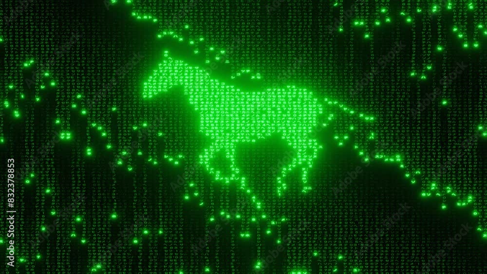 A matrix thousand texts falling motion graphic animation with a horse ...