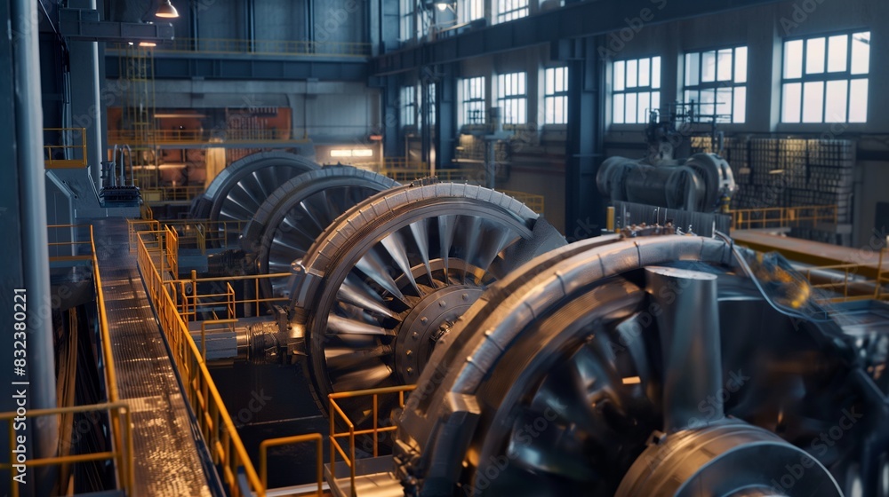 An inside view of a hydroelectric power plant, focusing on the massive ...