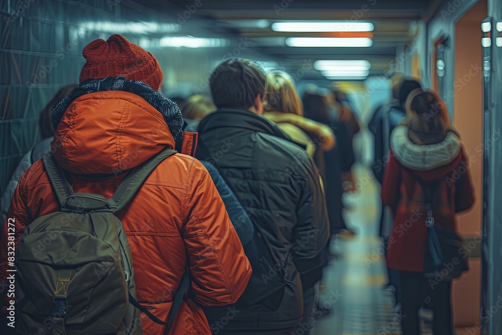 Group of people standing in line at an employment center, tired faces ...