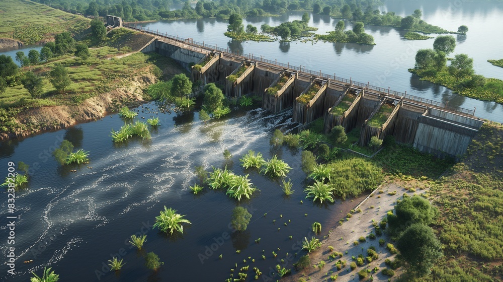 An overview of the environmental impact of a hydroelectric dam, showing ...