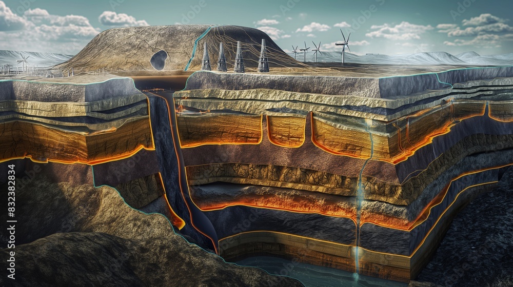 An underground cross-section illustration of geothermal heat being ...