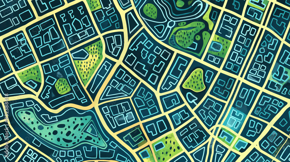 Abstract city map with stylized streets and green areas, highlighting ...