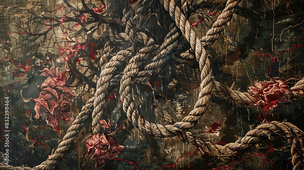 Creepy and scary horror image of a dead man tangled in ropes for ...