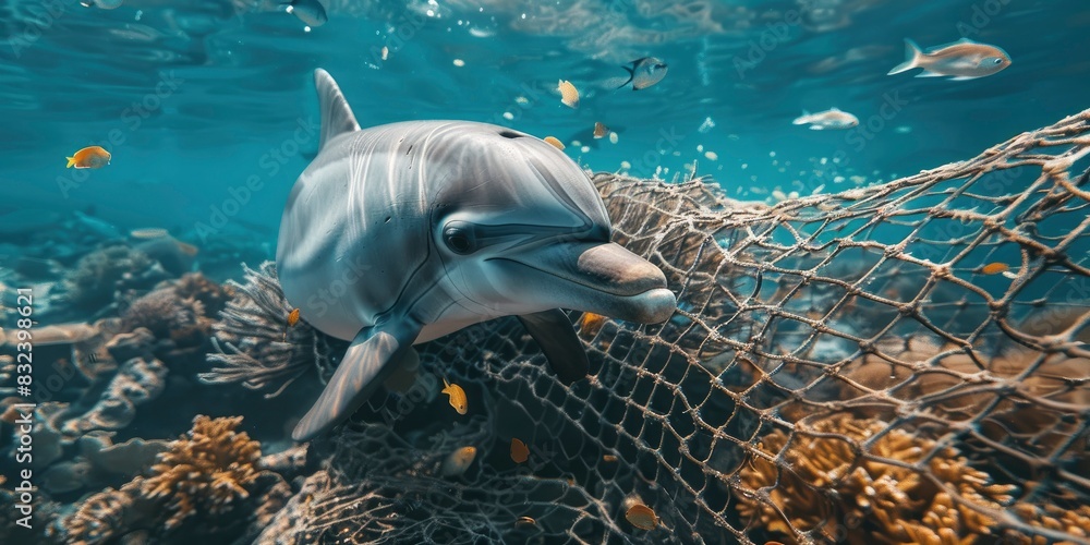 A dolphin is swimming near an underwater fishing net, with fish inside ...
