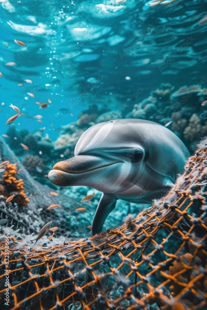 A dolphin is swimming near an underwater fishing net, with fish inside ...