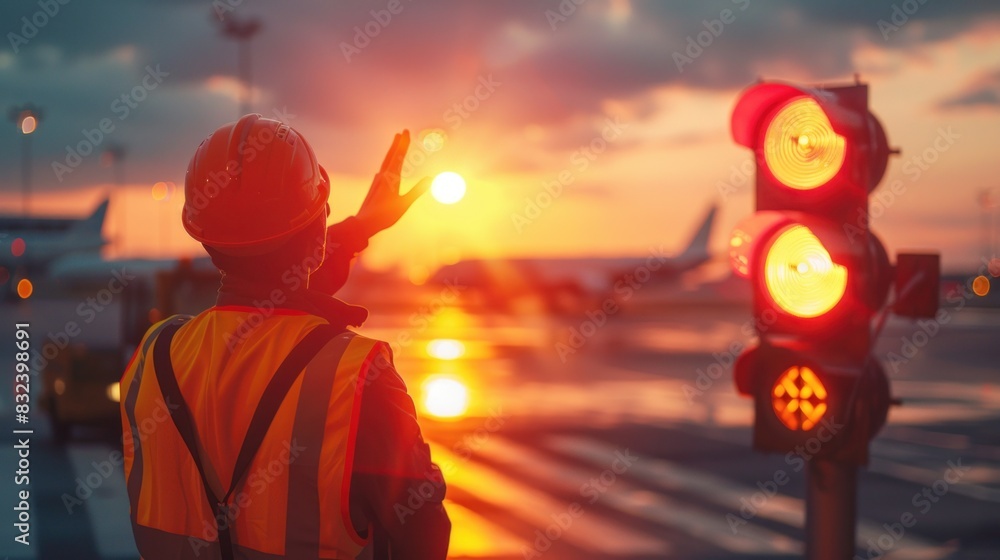 Airport marshalling signal from marshaller for aircraft controls ...