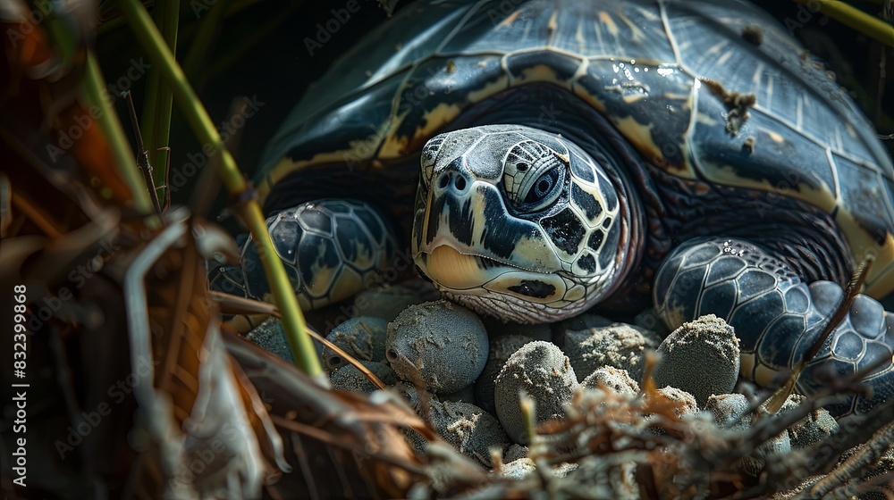 award winning photo of Photo style, real, a female turtle laying lots ...