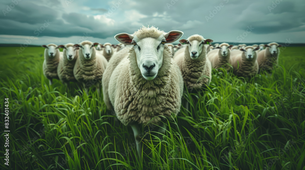 Hyper realistic photo of a flock of sheep in a vibrant green field ...