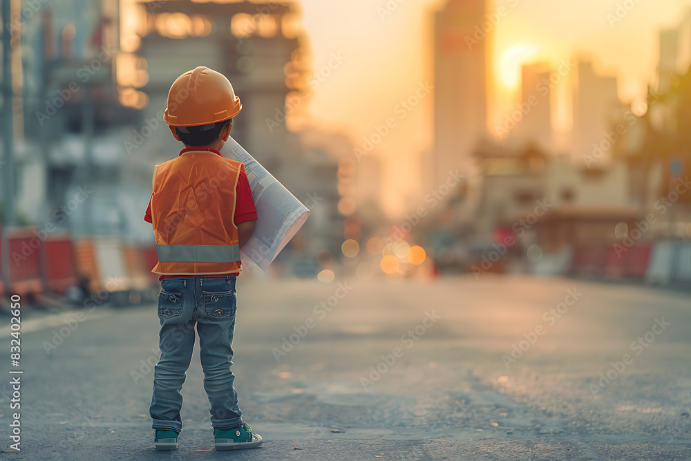 Future Engineer: Child with Blueprints at Construction Site ...