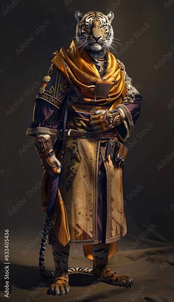 Tall stature, firm gaze,Fashionable design, a humanoid tiger with a ...
