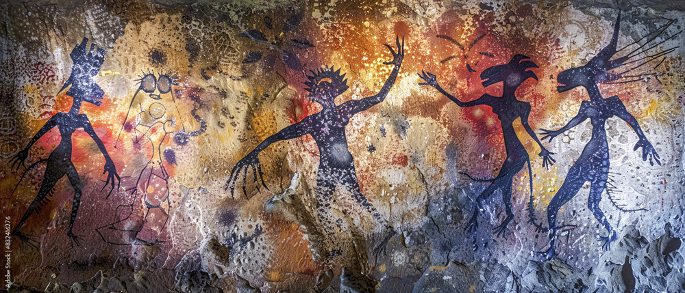 ภาพประกอบสต็อก Ancient Cave Art Depicting Alien-like Figures Intricate ...