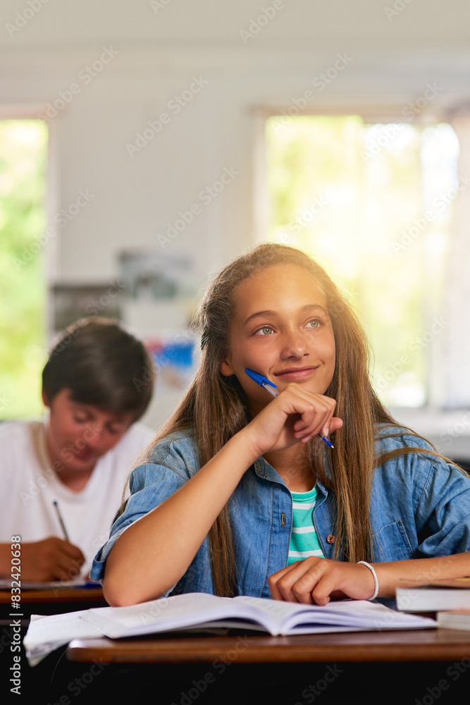 Learner, girl and thinking with notebook in classroom at school for ...