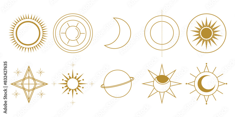 Mystical Sun and Moon Symbols: A versatile collection of gold line art ...