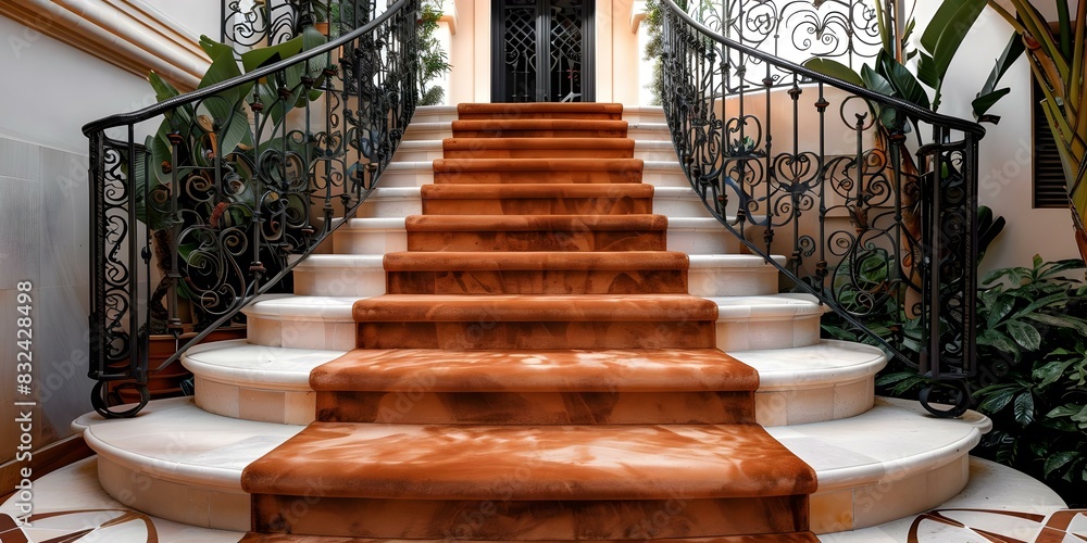Luxurious home entrance with terracotta carpeted stairs classic iron ...