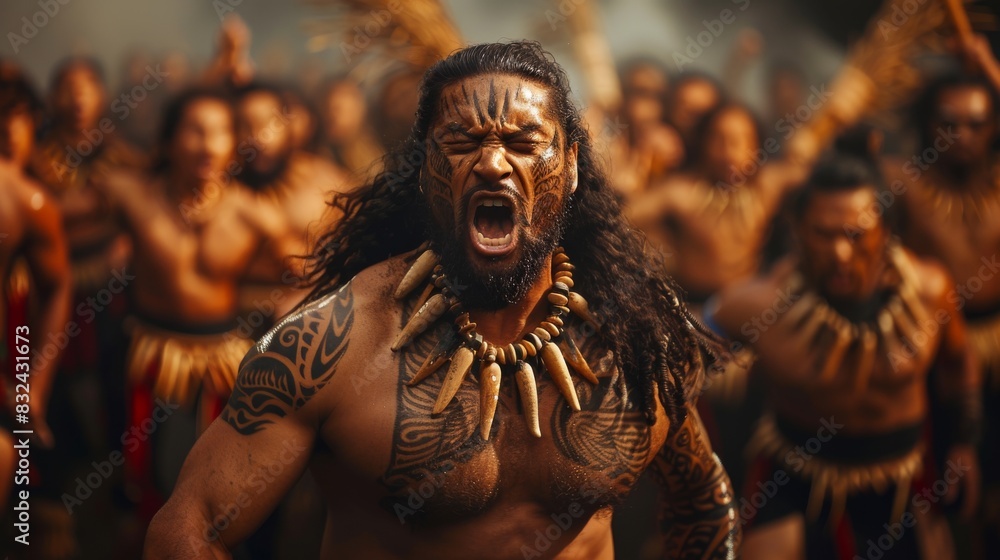 The image is depicting a Maori warrior with face paint and traditional ...