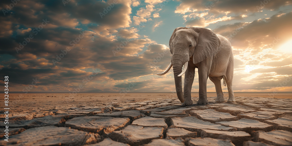 An elephant in a dry cracked earth or land. Metaphor drought, arid area ...