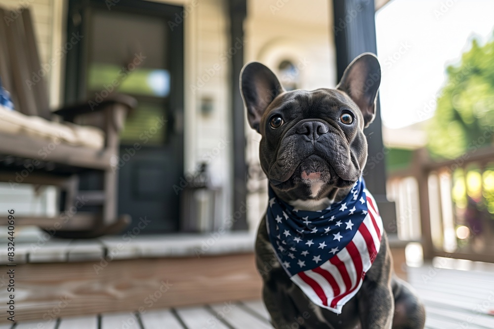 Patriot French Bulldog dog celebrating 4th of July wearing bandana with ...