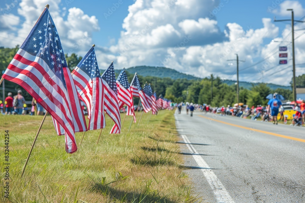 Display of american flags in a straight row for a patriotic exhibition ...