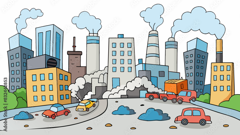 A polluted cityscape with tall buildings and a thick layer of smog ...