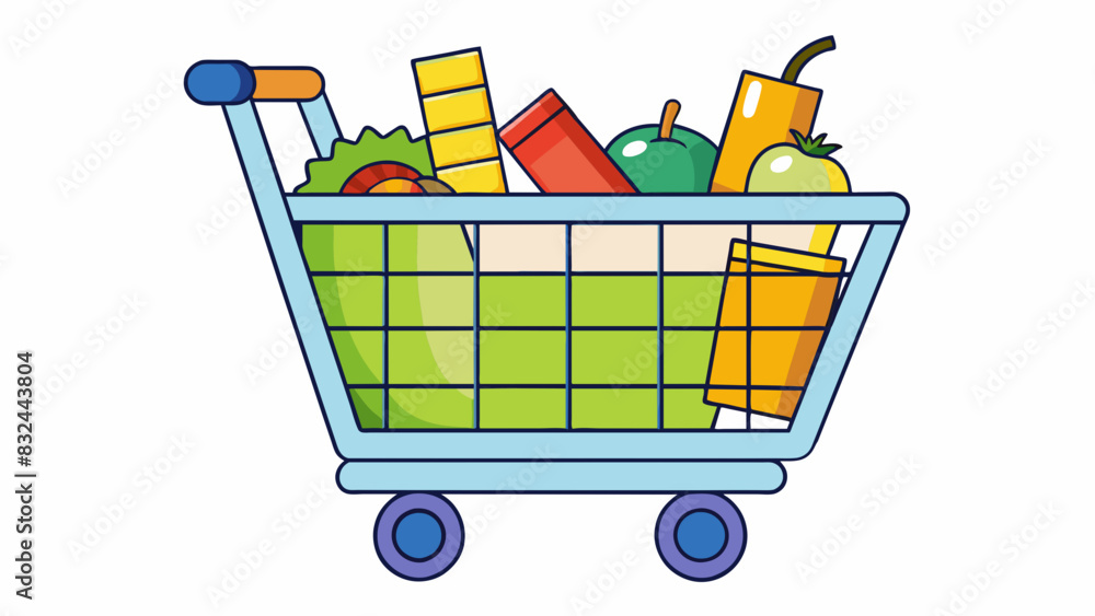 A shopping cart full of groceries The load consists of various shapes ...