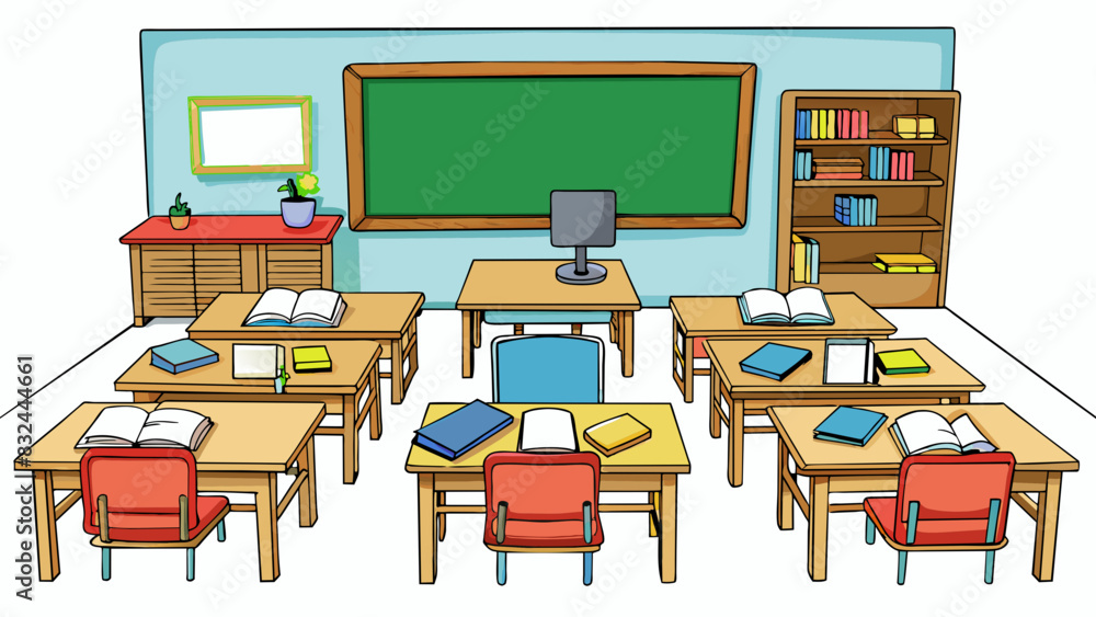 A standard classroom setting with a chalkboard at the front rows of ...