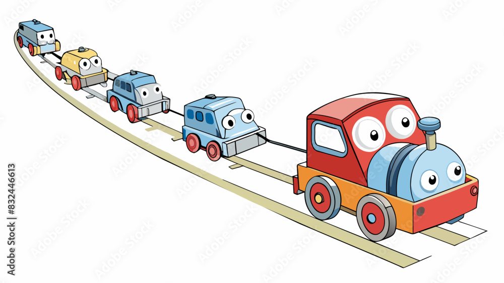 An engine at the forefront of a train pulling its cars along the track ...