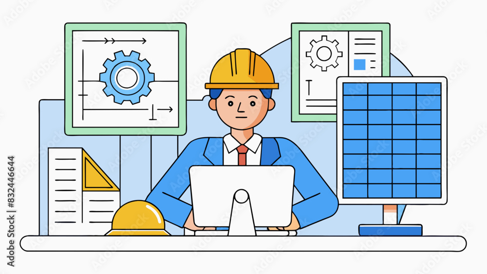 An engineer sits at a computer surrounded by blueprints and technical ...