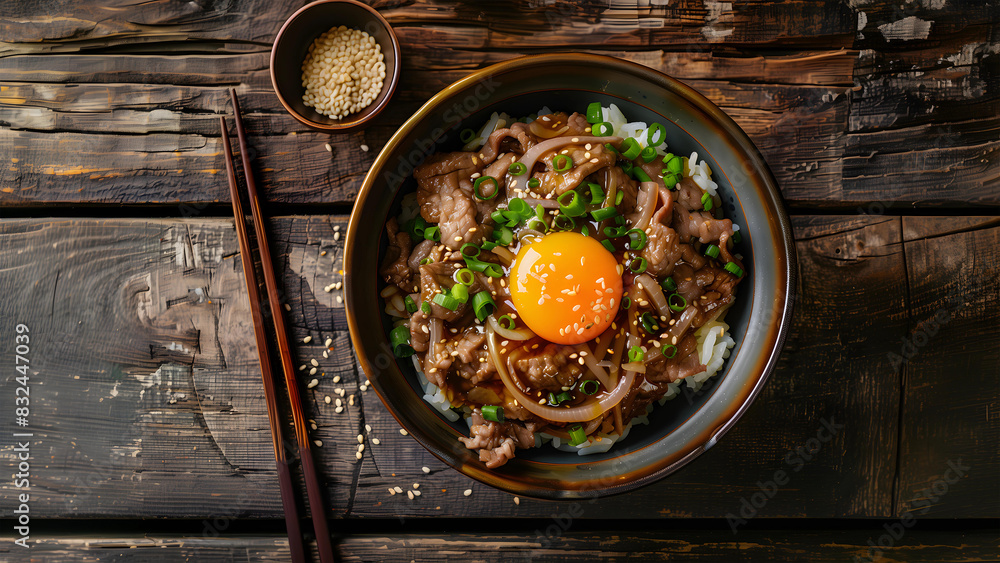 Gyudon in the ceramic bowl, Beef Donburi top view cooked Thinly sliced beef and onions simmered ...