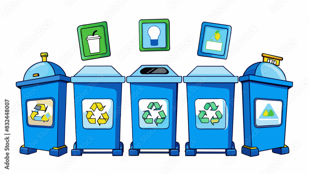 In a park a series of blue recycling bins are labeled with pictures and ...