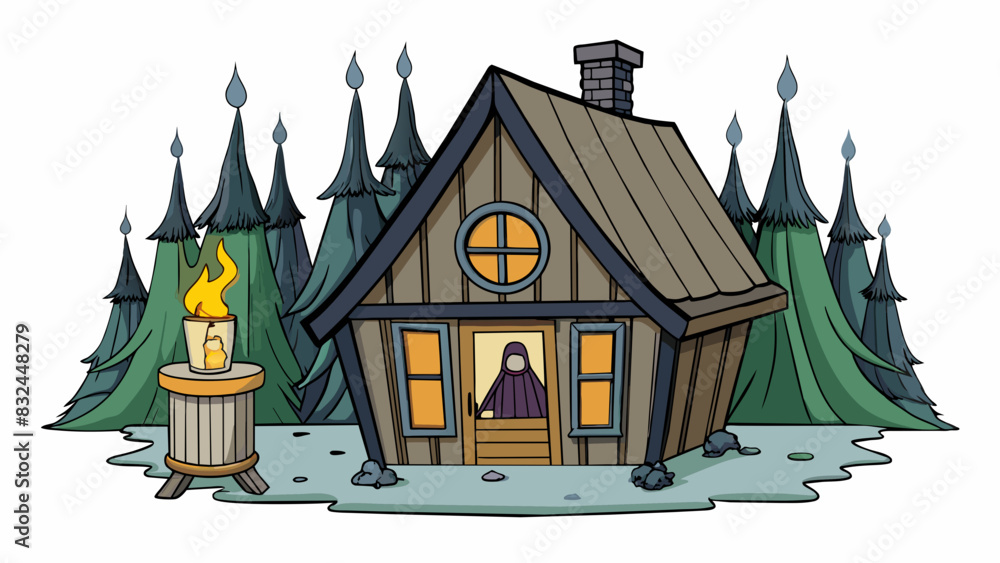 In the depths of the forest a dilapidated cabin looms in the darkness ...