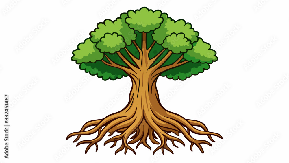 The trunk of a strong oak tree with deep roots grounded firmly in the ...