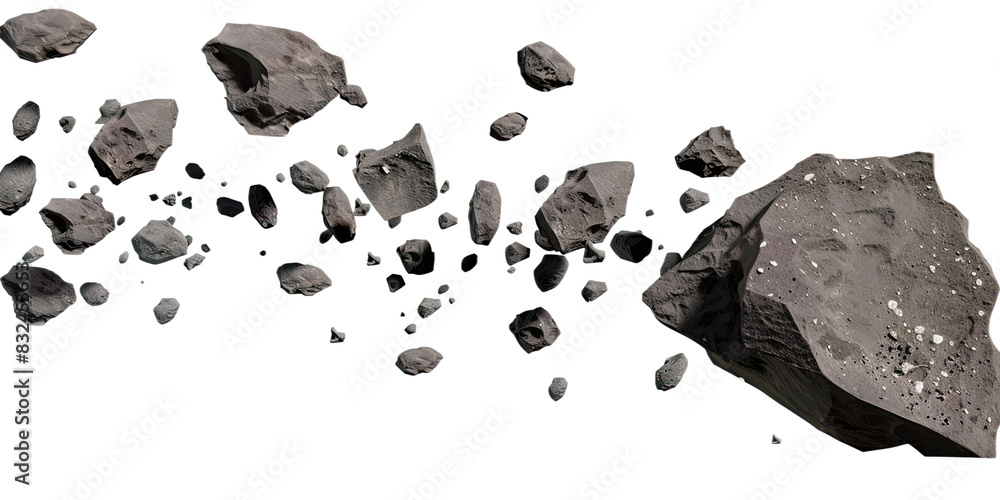 Flying asteroids of various sizes on a transparent background. The ...