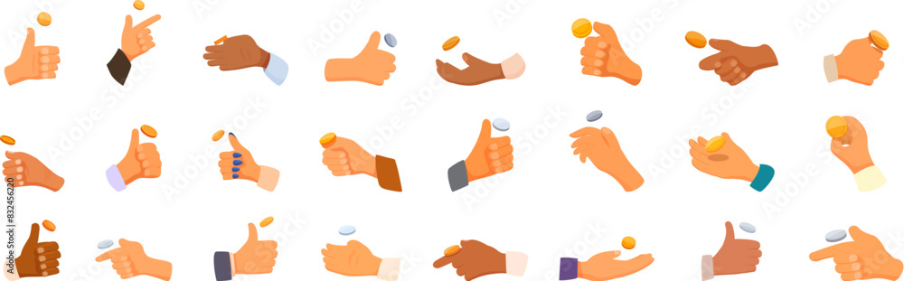 Hand flips coin icons set vector. A collection of cartoon hands holding ...