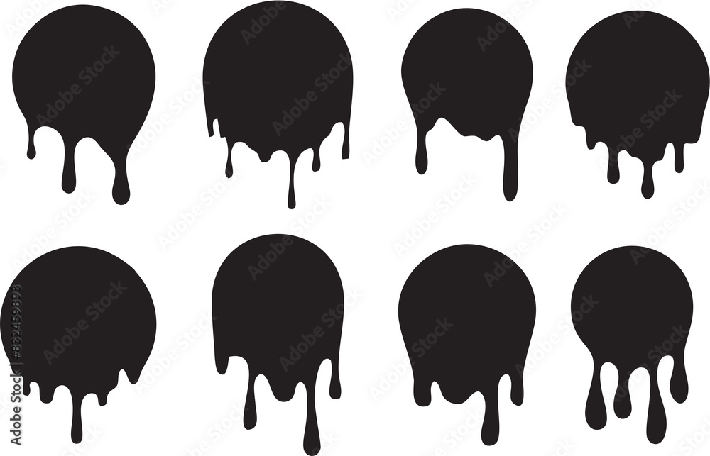Dripping paint icons set. Current liquid and Paint flows. Melted circle ...