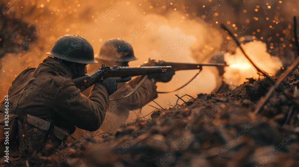 Two soldiers in combat gear aiming rifles on a battlefield with ...