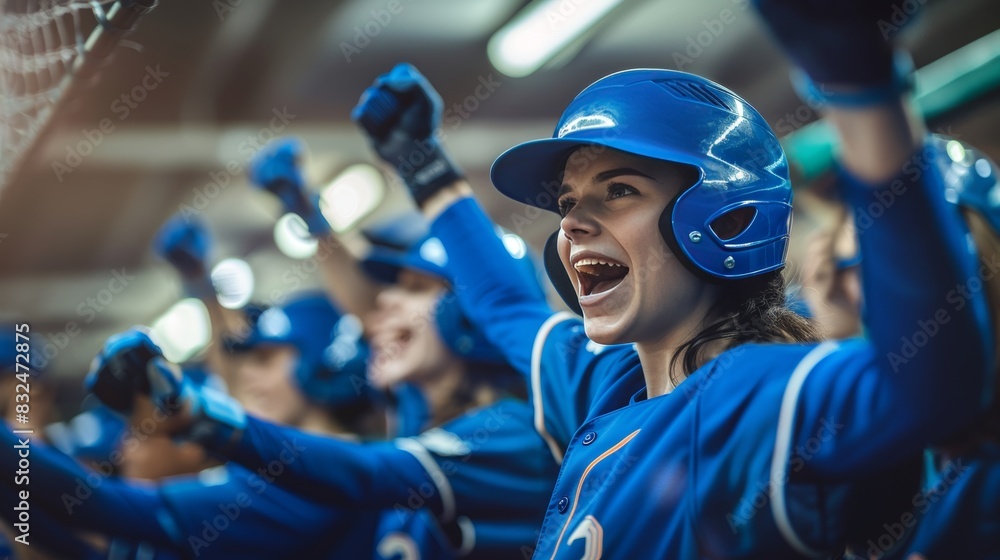 Foto de Team spirit softball players celebrating in dugout ...