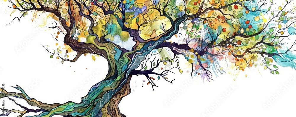 A whimsical drawing of an oak tree with its branches and leaves ...