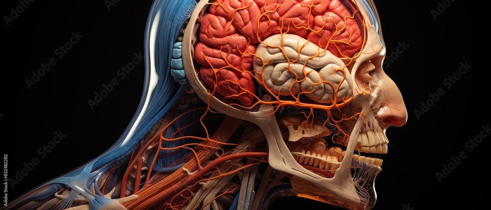 Detailed human head cutaway, brain under stress, side lighting, focused ...