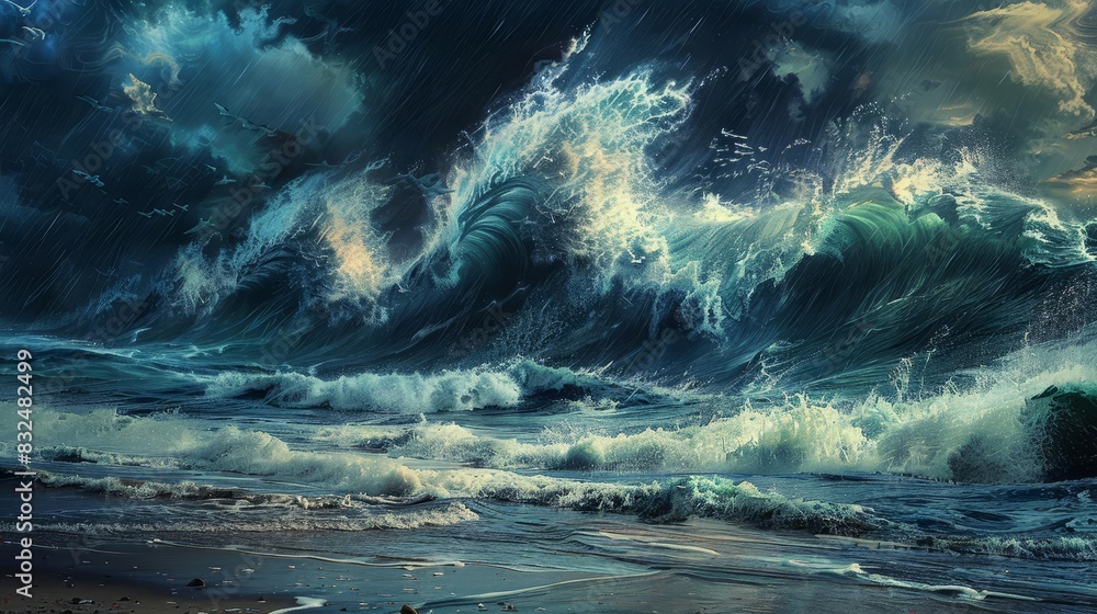 catastrophic deluge and great flood huge tidal wave hitting shore ...