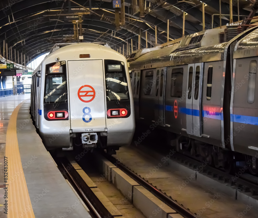 New Delhi, India, May 12 2024 - Delhi Metro train arriving at ...